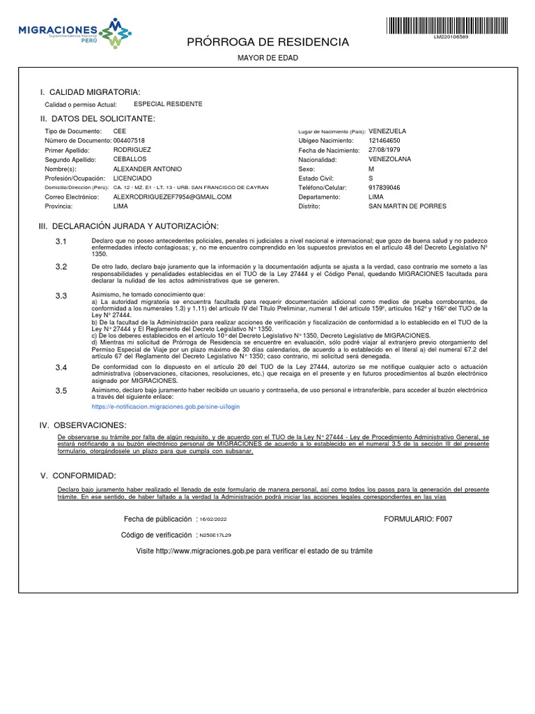 Formato de Tramite Migraciones Peru | PDF