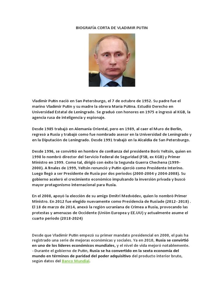 Biografía resumida de Vladimir Putin | PDF | Vladimir Putin | Política ...