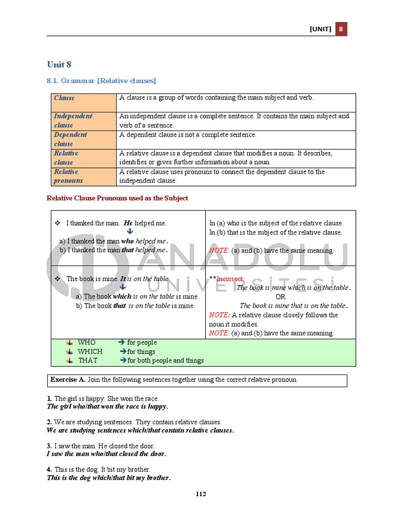 Supplementary Pack-Unit 8 Answer Key | PDF | Clause | Subject (Grammar)