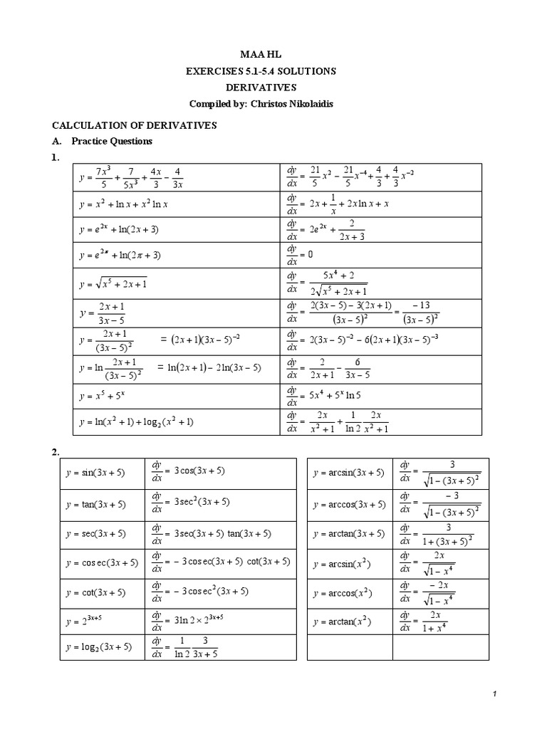 Derivatives Exercises and Solutions | PDF | Tangent | Analytic Geometry