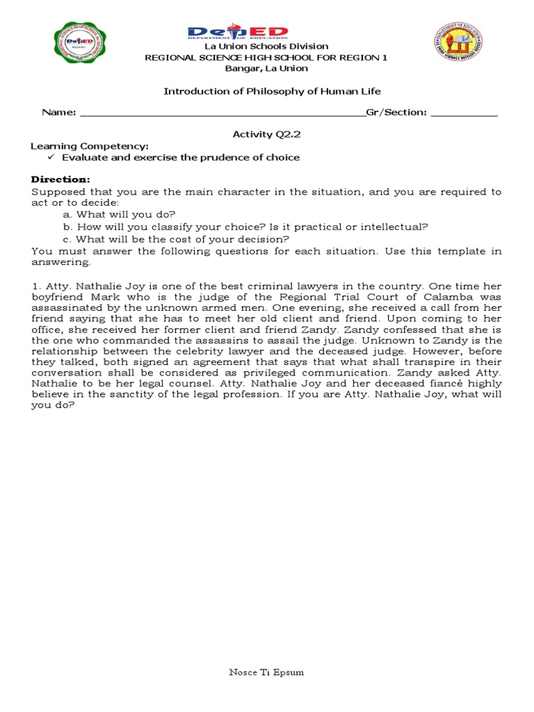 Direction:: Evaluate and Exercise The Prudence of Choice | PDF | Lawyer ...