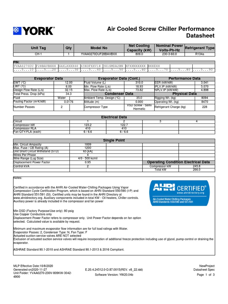 Folha de Dados Do Chiller YVAA0270DUF28BAVBXX | PDF | Chemical ...