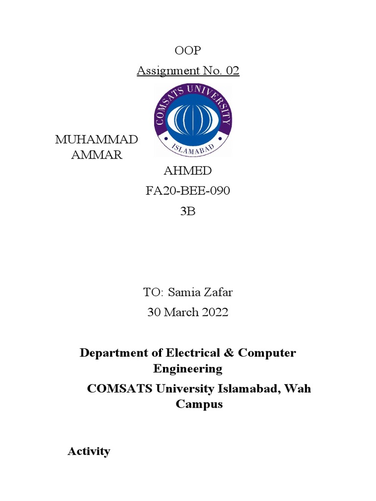 OOP Assignment No. 02: Department of Electrical & Computer Engineering COMSATS University ...