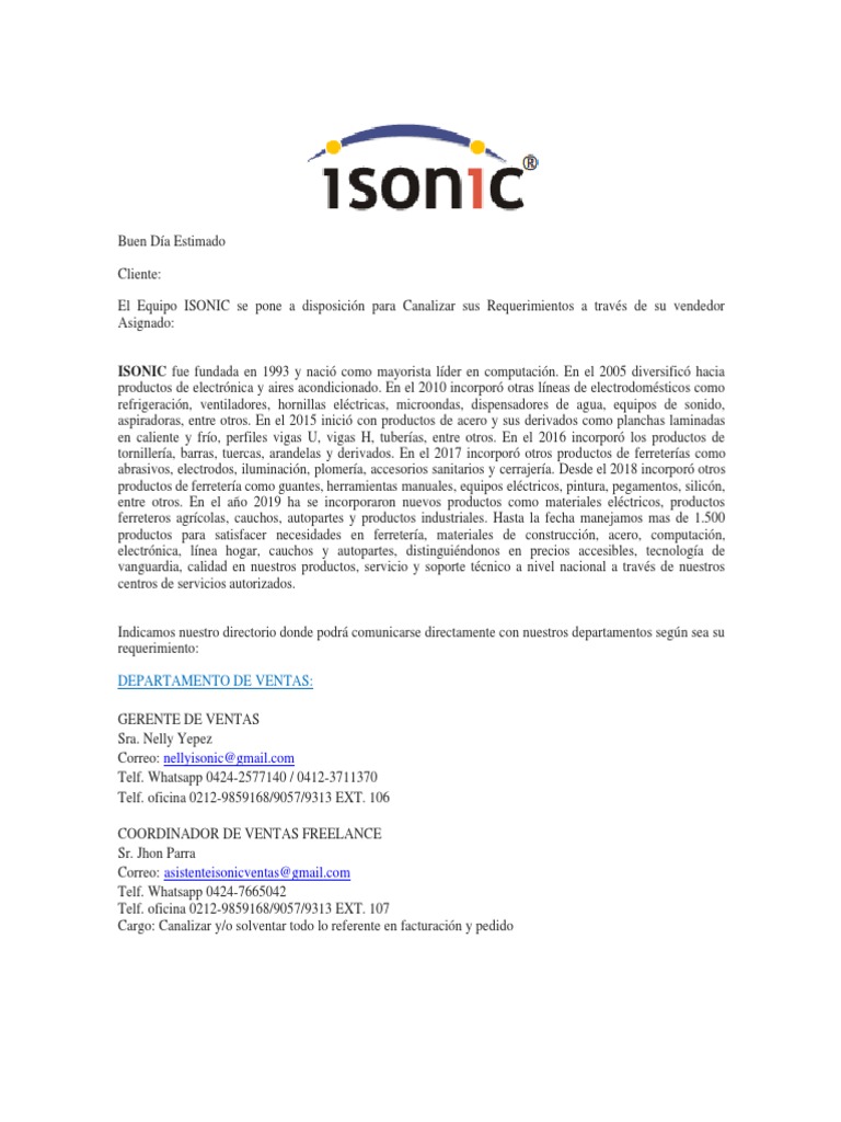 ISONIC: Productos y Contactos 2023 | PDF | Business | Comercio