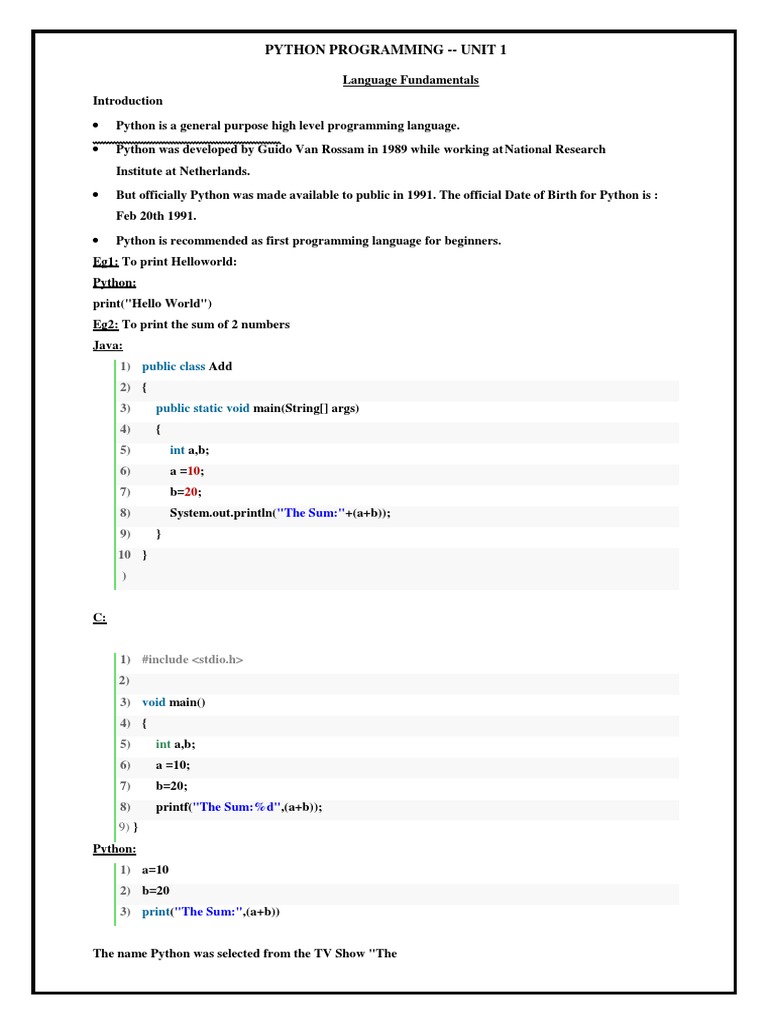 Python Unit 1 Pdf Parameter Computer Programming Python Programming Language 3131