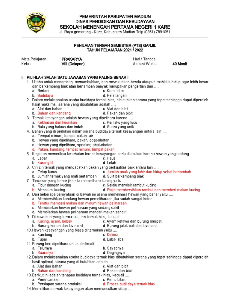 Prakarya - Soal PTS Kelas 8 Ganjil | PDF