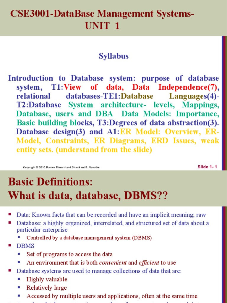 Cse3001 Database Management Systems Unit 1 Pdf Databases Data Model