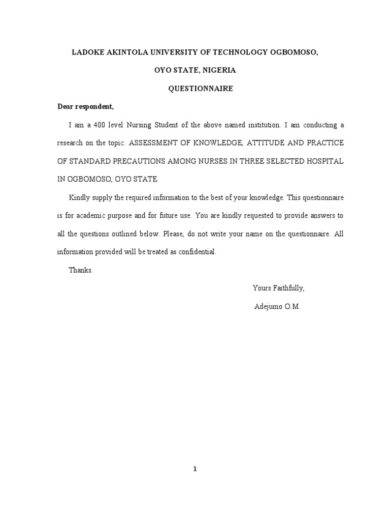 Ladoke Akintola University of Technology Ogbomoso, Oyo State, Nigeria Questionnaire Dear ...