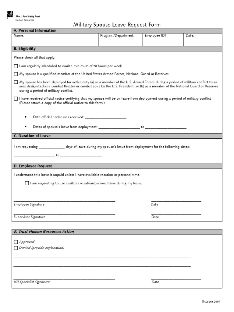 Military Spouse Leave Request Form: A. Personal Information | Download ...