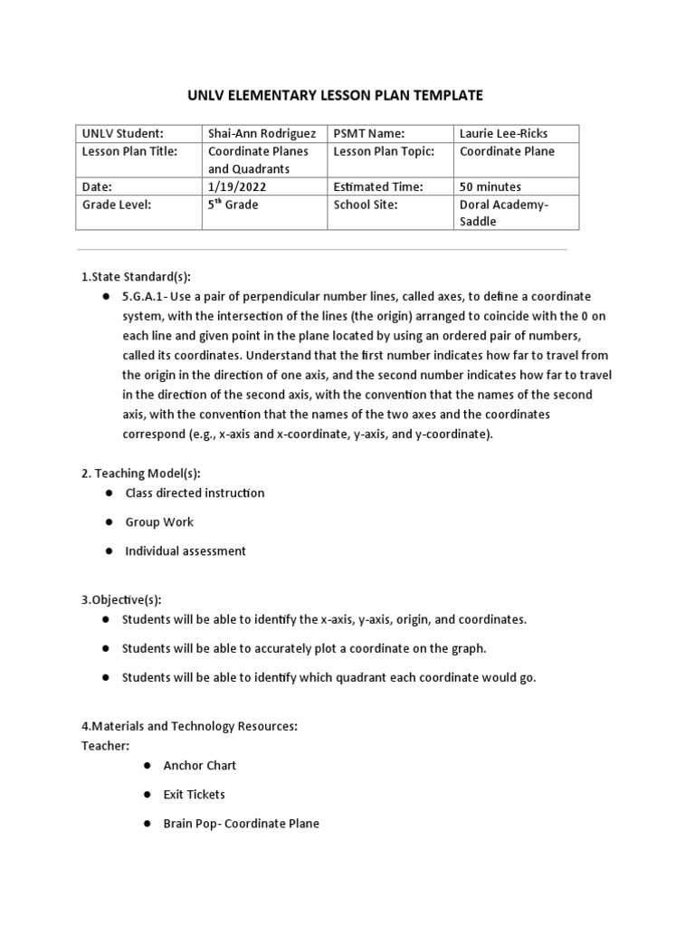 Unlv Elementary Lesson Plan Template | PDF | Cartesian Coordinate ...