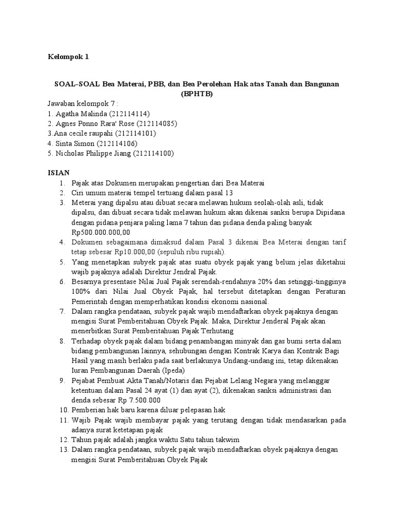 Soal-Soal BM, PBB, Dan BPHTB Jawaban Kelompok 7 | PDF
