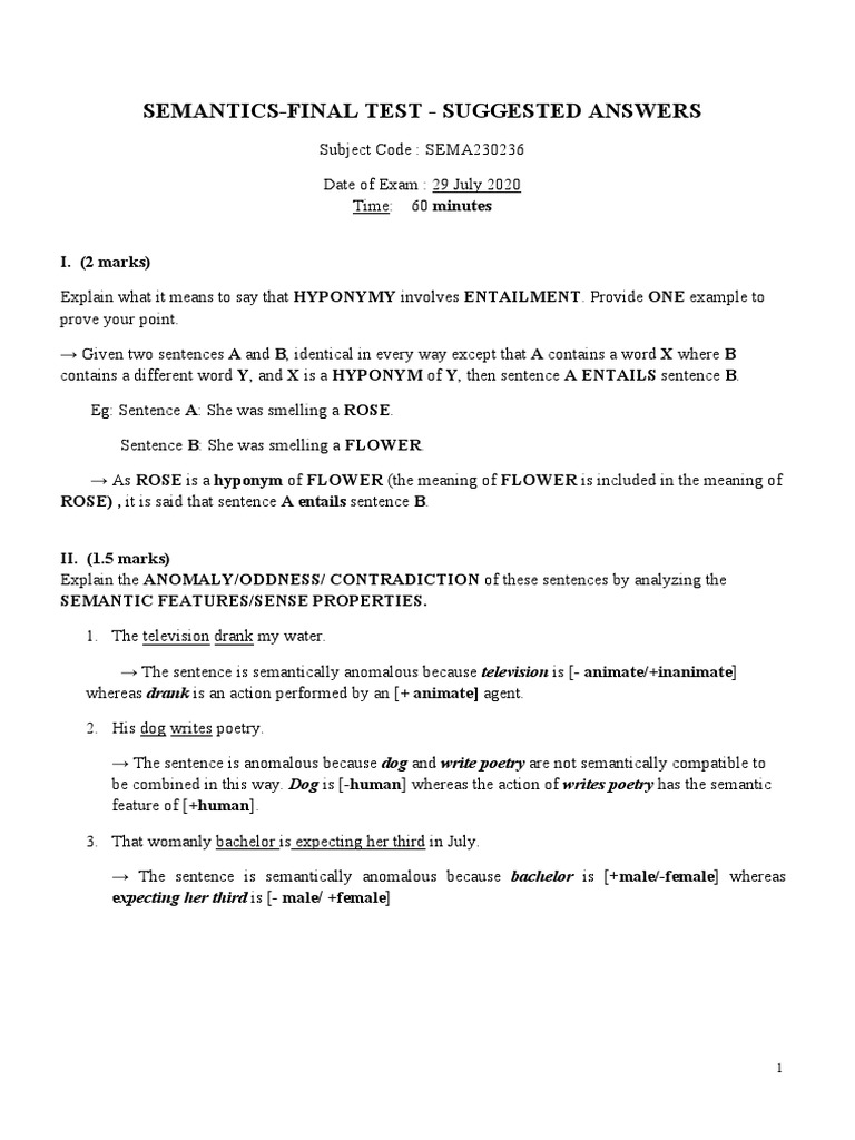 Semantics-Final Exam-29 July 2020 - Answer Key | PDF | Semantics | Grammar