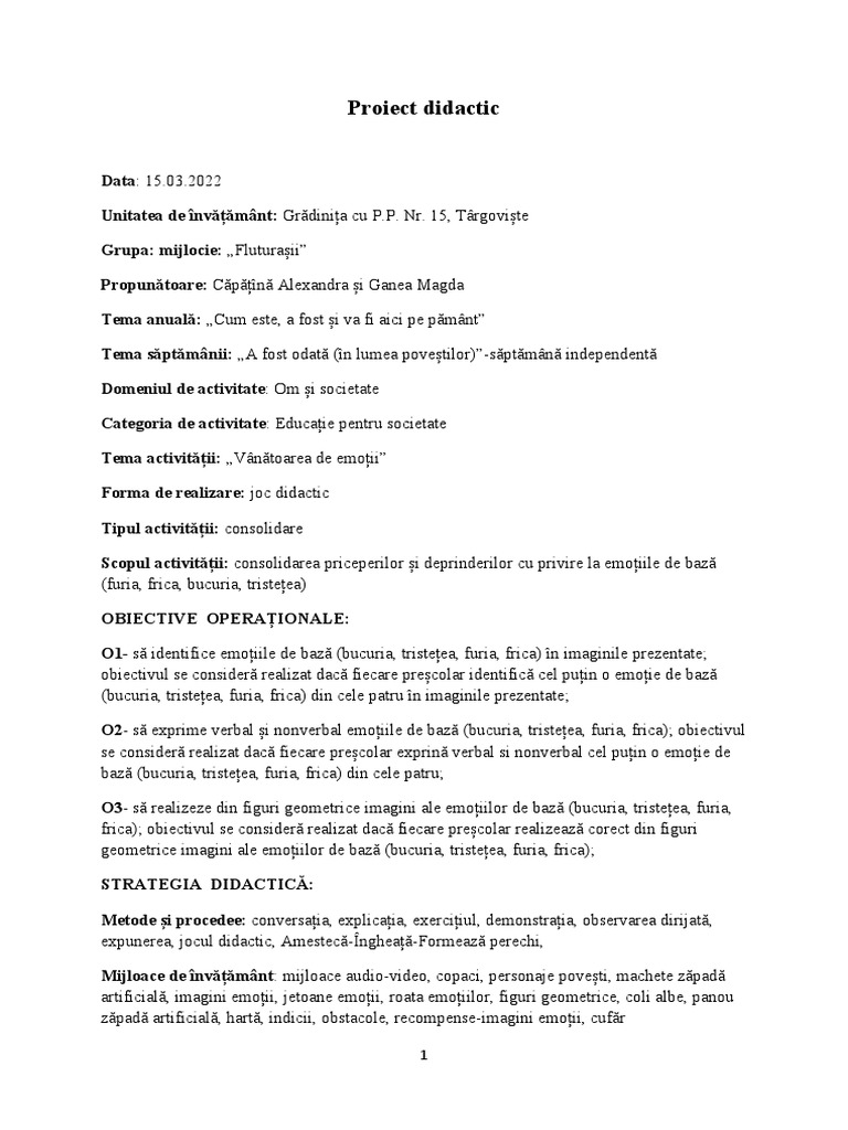 Proiect Didactic Educație Timpurie | PDF