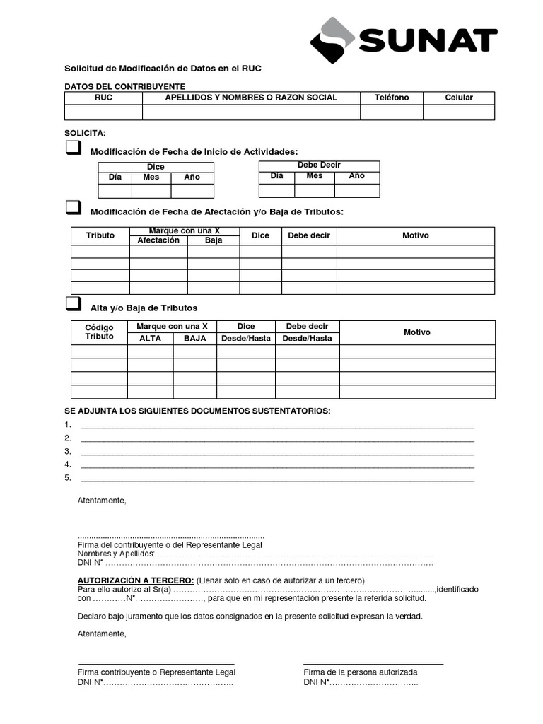 Solicitud de Modificación de Datos en El Ruc - Vector Fiscal | PDF