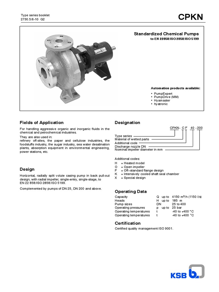 Standardized Chemical Pumps: To EN 22858/ISO 2858/ISO 5199 | PDF | Pump ...