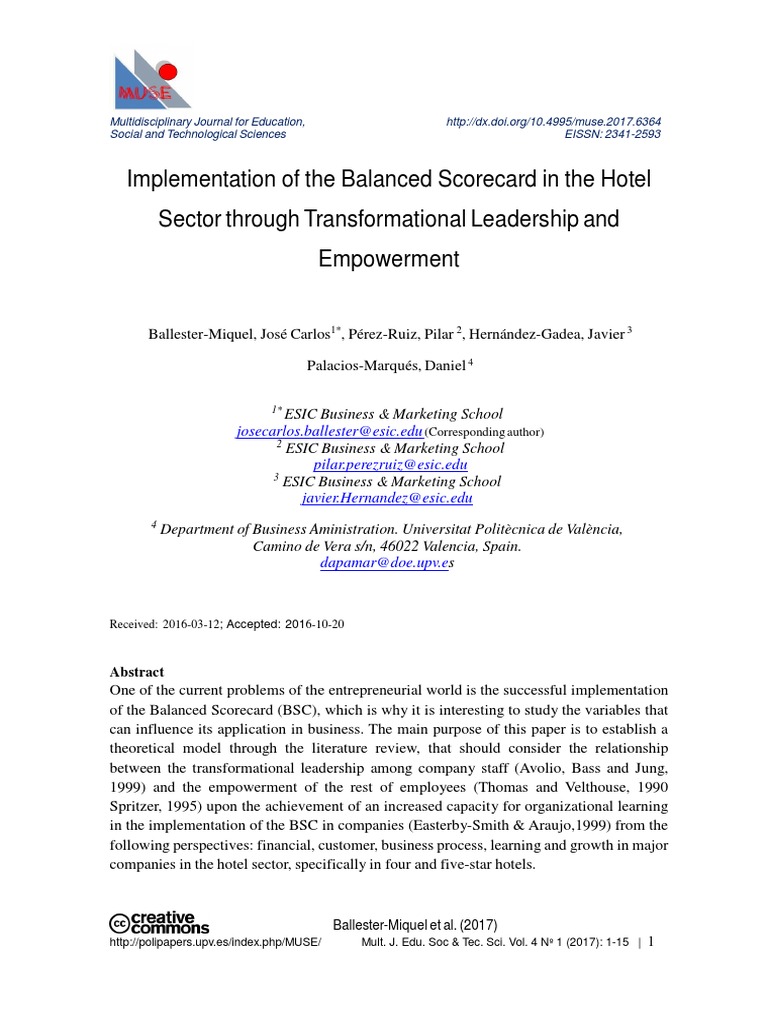 Implementation of The Balanced Scorecard in The Hotel Sector Through ...
