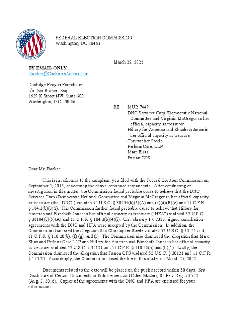 Alleged FEC Letter Regarding Clinton and DNC Violations | PDF | Democratic National Committee