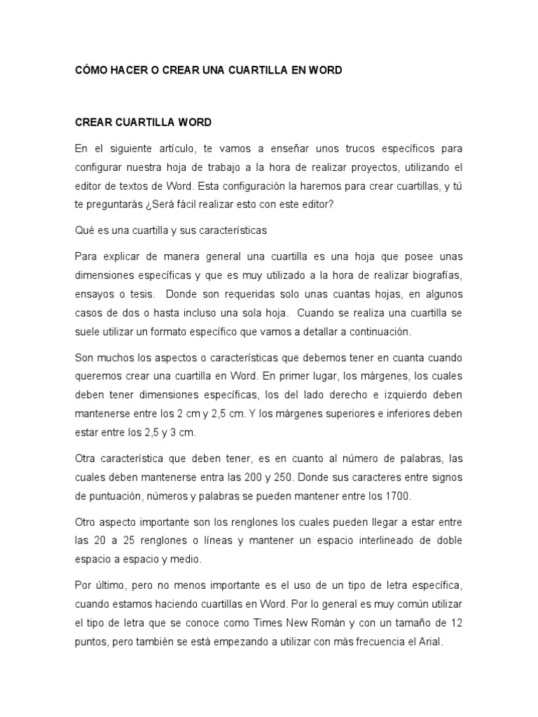 Cómo Hacer o Crear Una Cuartilla en Word | PDF | Microsoft Word