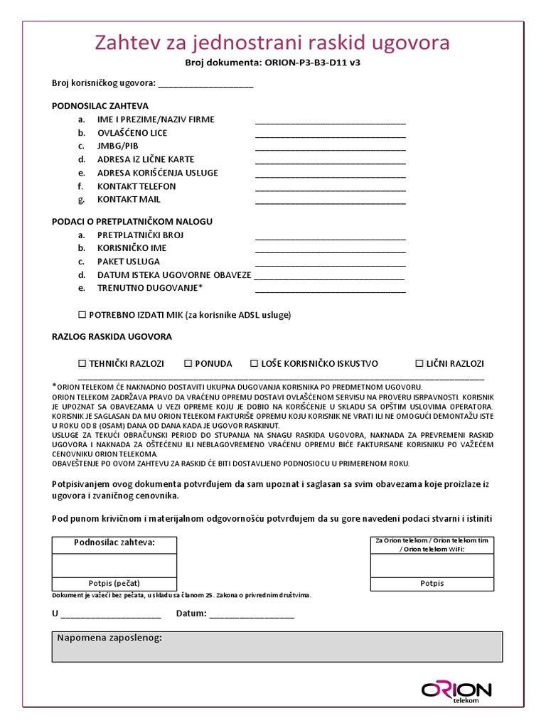 ORION-P3-B3-D11 Zahtev Za Raskid Ugovora | PDF