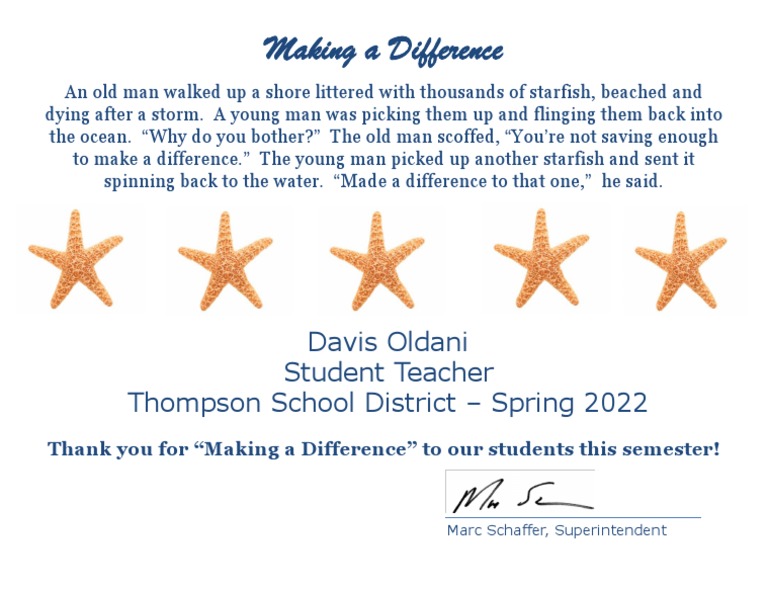 Making A Difference: Davis Oldani Student Teacher Thompson School ...