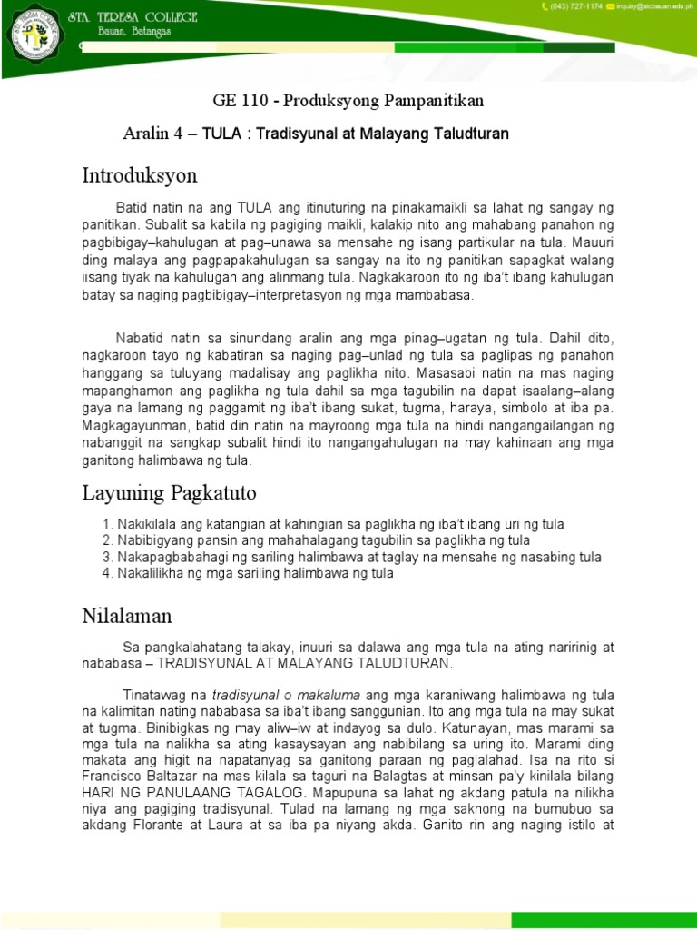 M4 - Tradisyunal at Malayang Taludturan | PDF