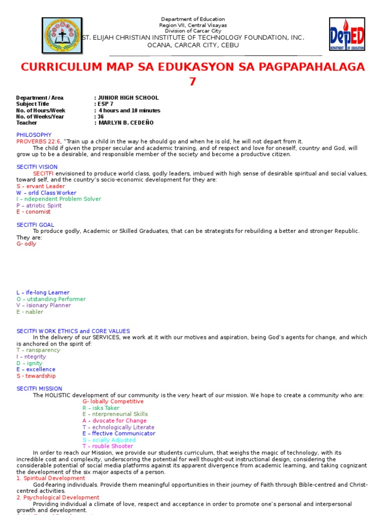 Curriculum Map Sa Edukasyon Sa Pagpapahalaga 7 | PDF | Curriculum ...