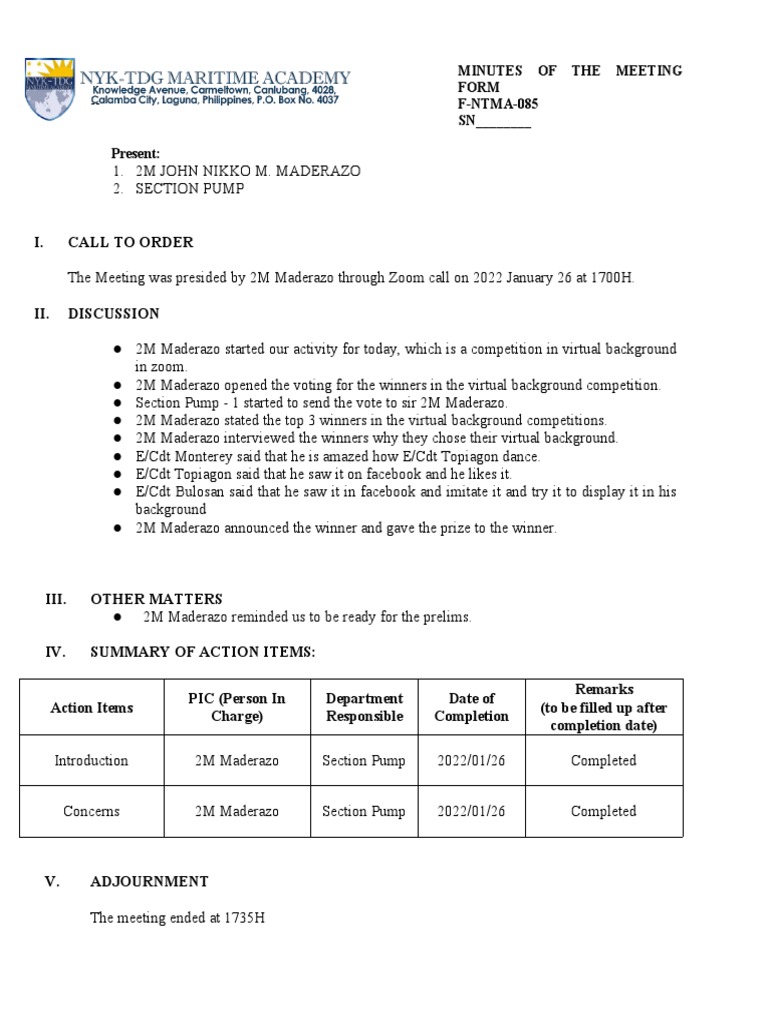 I. Call To Order: Present | PDF