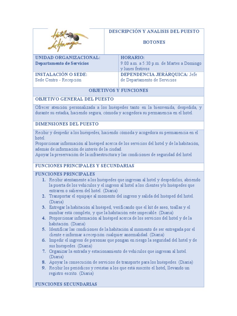 Análisis del Puesto de Botones en Hotel | PDF | Hotel | Cliente