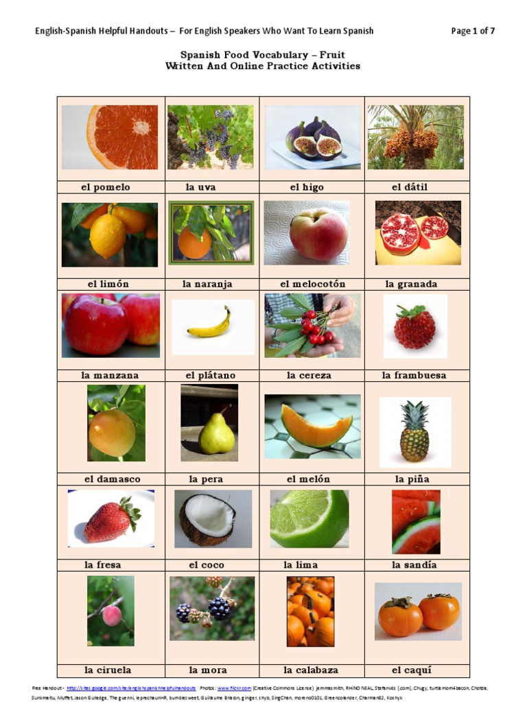 Spanish Food Vocabulary-Fruit | PDF | Domesticated Plants | Crops