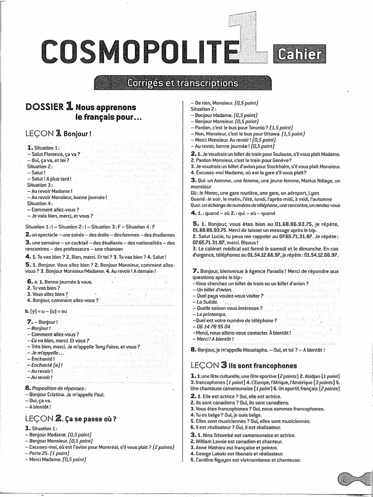 Cosmopolite - Corriges Ef Transcription (Cahier) | PDF