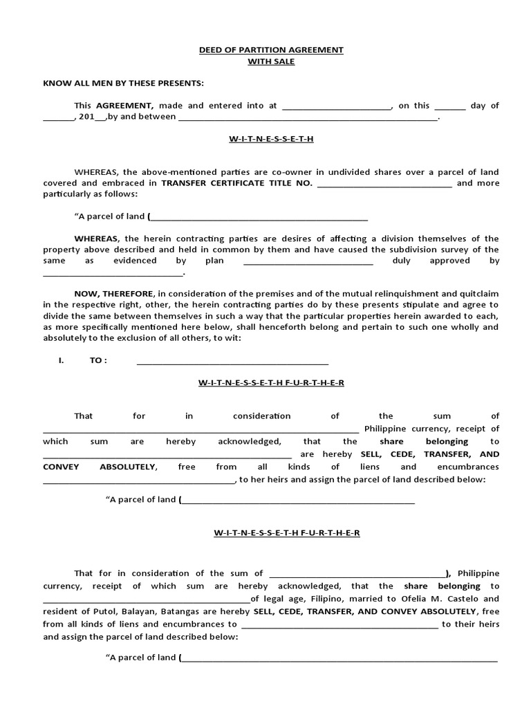 Deed of Partition Agreement With Sale Format | PDF | Deed | Civil Law ...