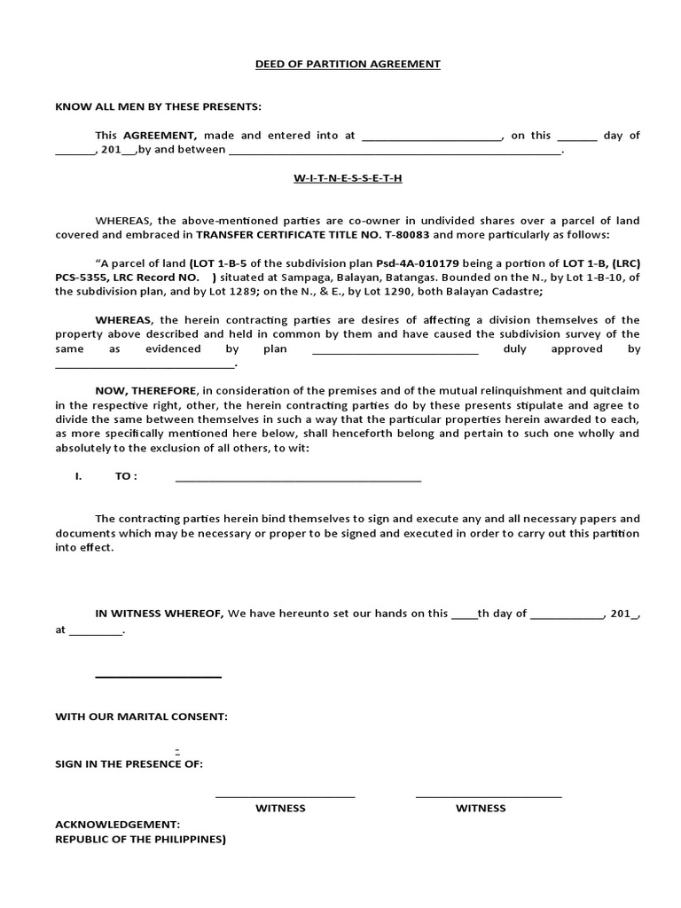 Deed of Partition Agreement Format | PDF | Deed | Common Law