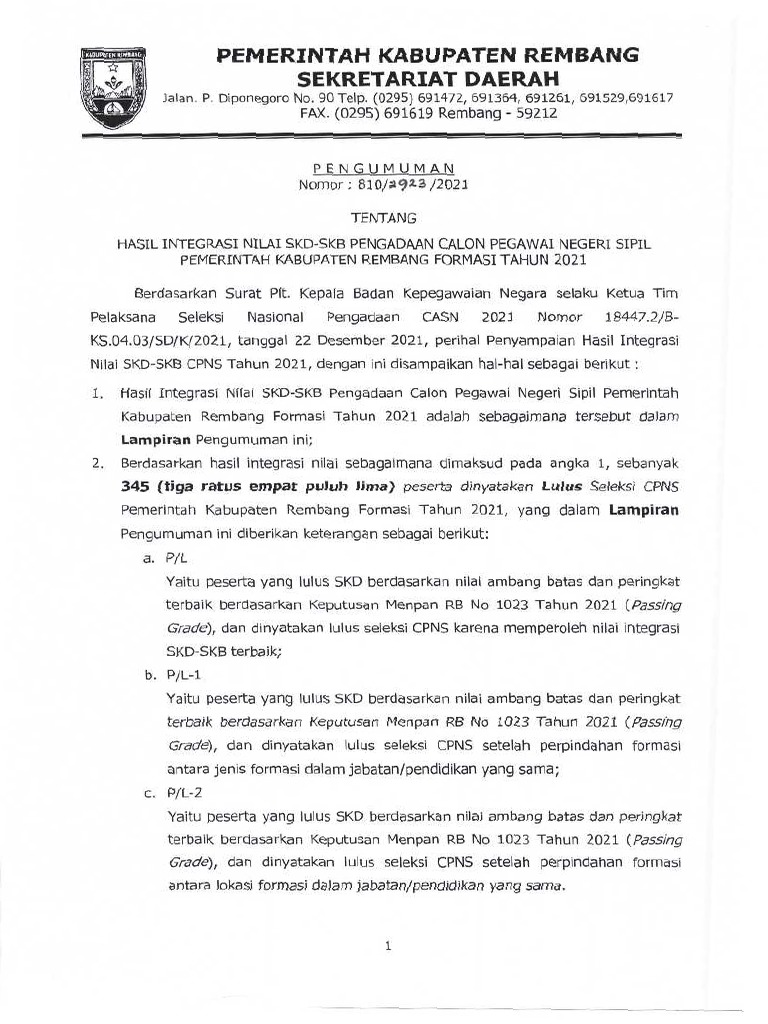 Pengumuman Hasil Integrasi SKD SKB CPNS Pemkab Rembang 2021 | PDF