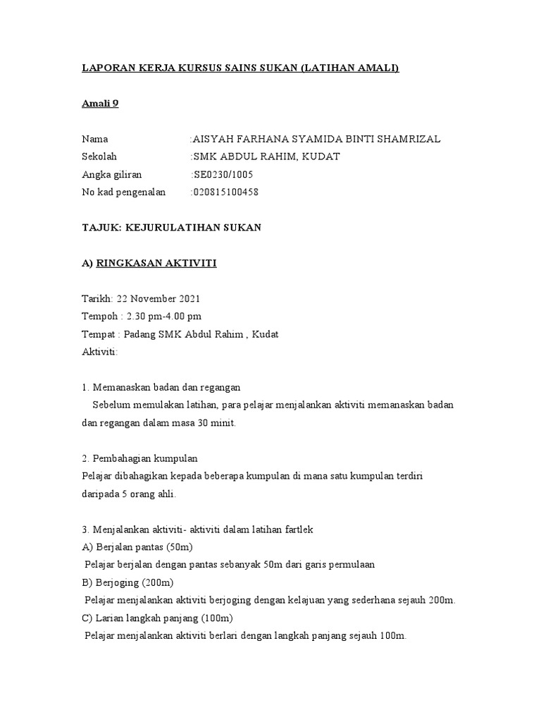 LAPORAN KERJA KURSUS SAINS SUKAN Amali 9 | PDF