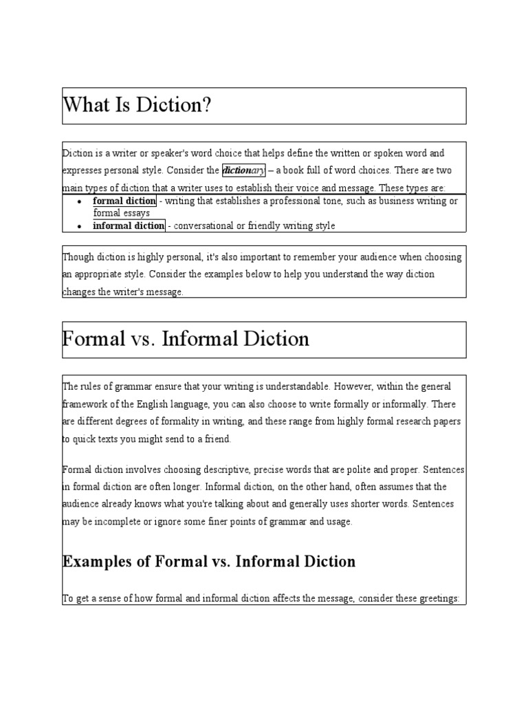 What Is Diction?: Examples of Formal vs. Informal Diction | PDF ...