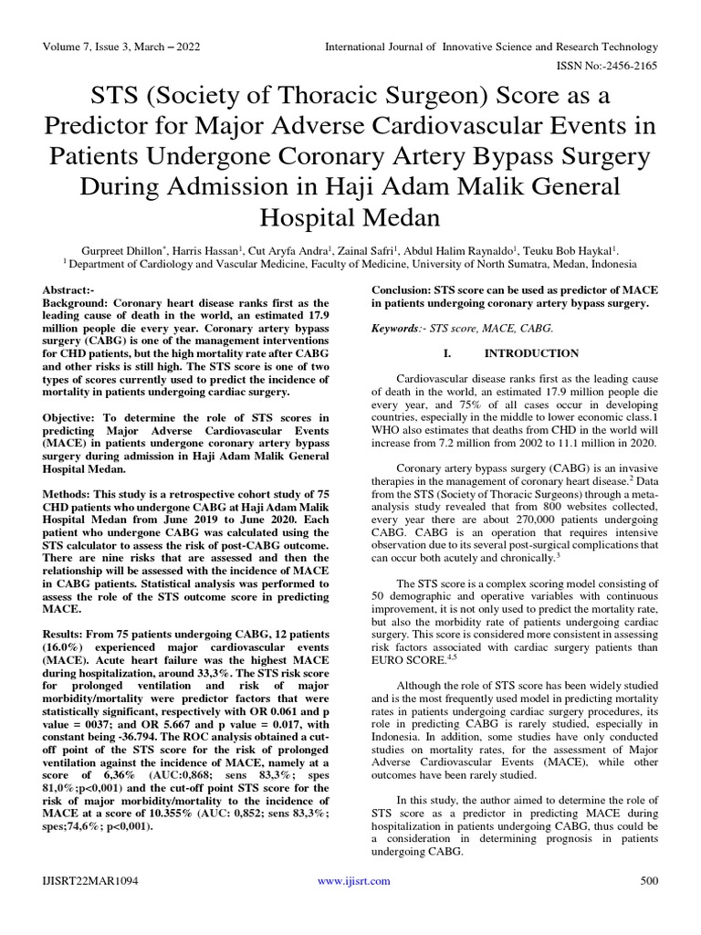 Keywords:-STS Score, MACE, CABG | PDF | Coronary Artery Disease ...