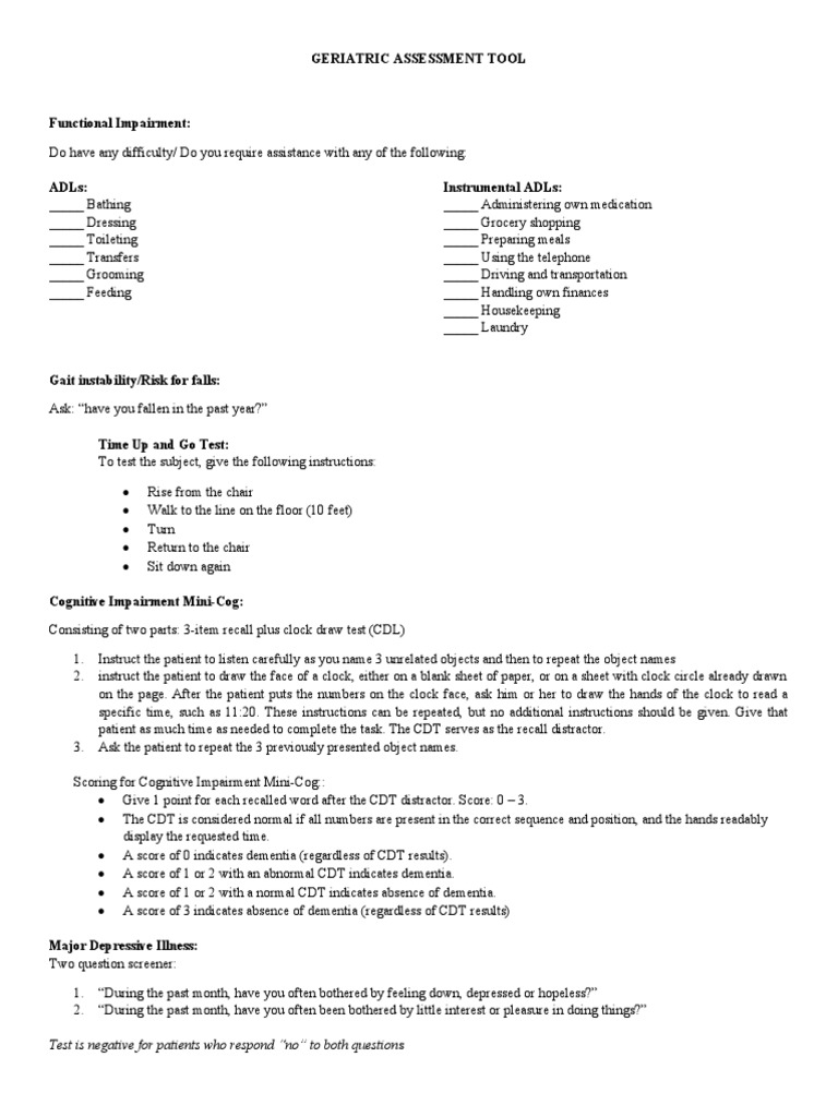Geriatric Assessment Tool | PDF | Dementia | Geriatrics