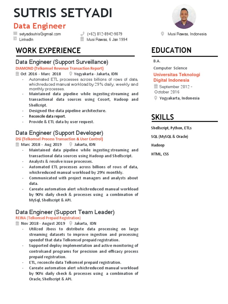 Education Work Experience: Data Engineer | PDF | My Sql | Apache Hadoop