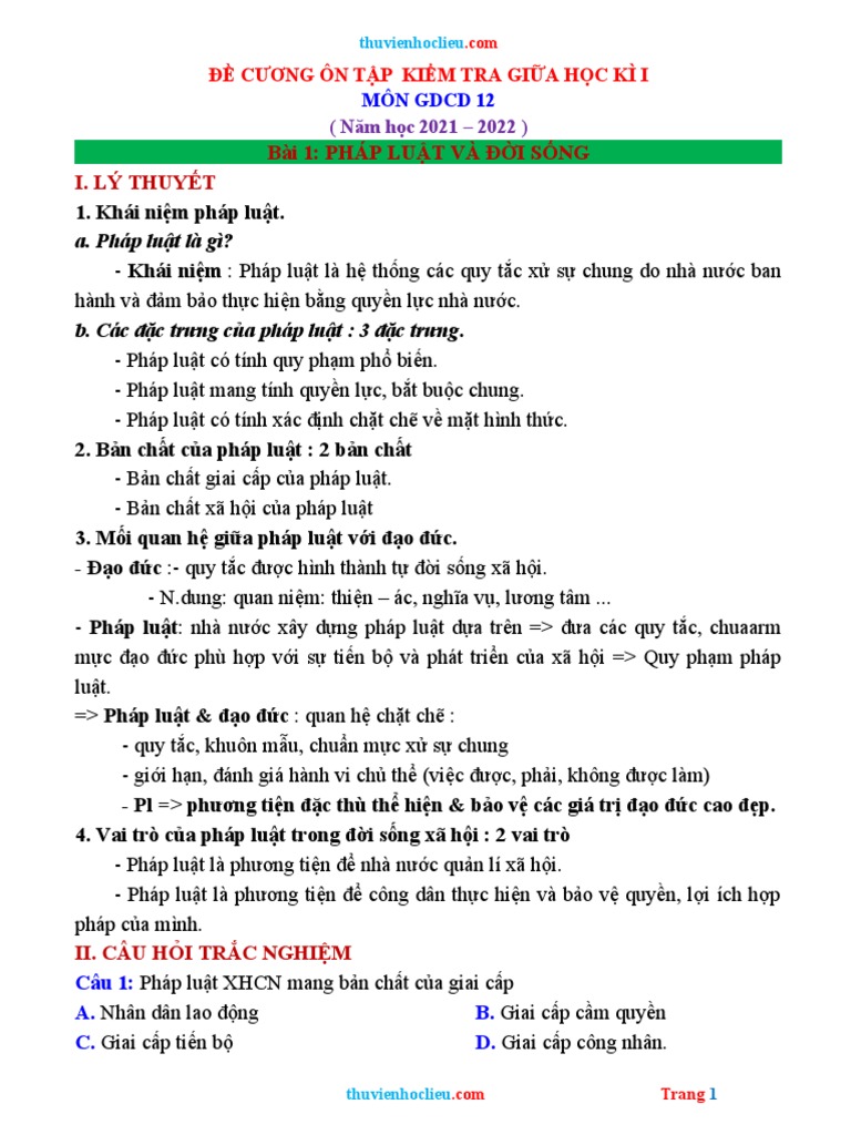 De Cuong On Tap GDCD 12 Giua HK1 | PDF