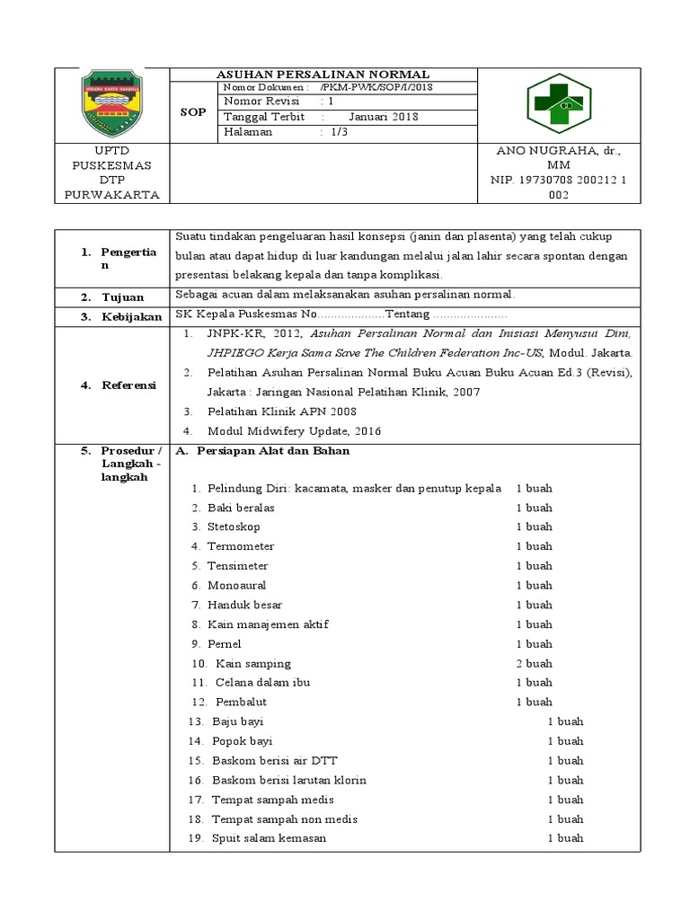 Sop Asuhan Persalinan Normal | PDF