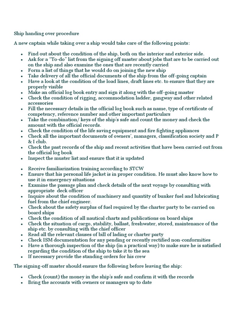 Master Ship Handing Over Procedure | PDF | Sea Captain | Ships