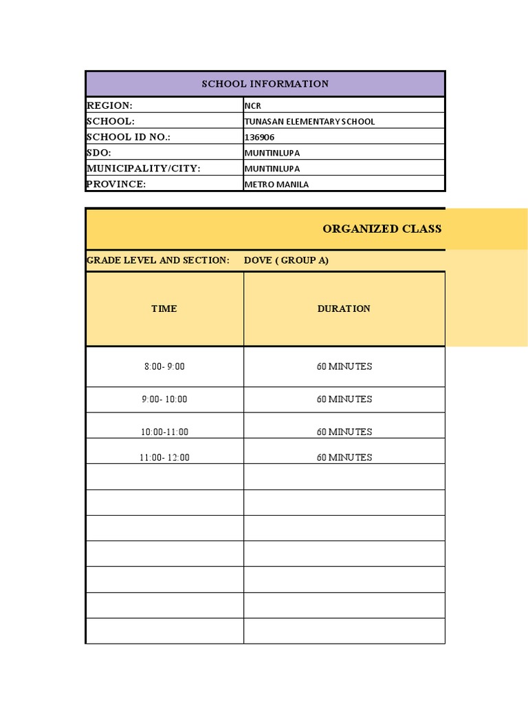 GRADE 1 TEMPLATE C Schedule of Classes Organized in The Participating ...