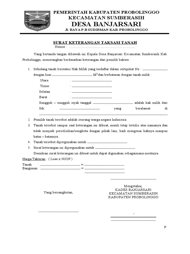 Surat Keterangan Taksasi Tanah | PDF