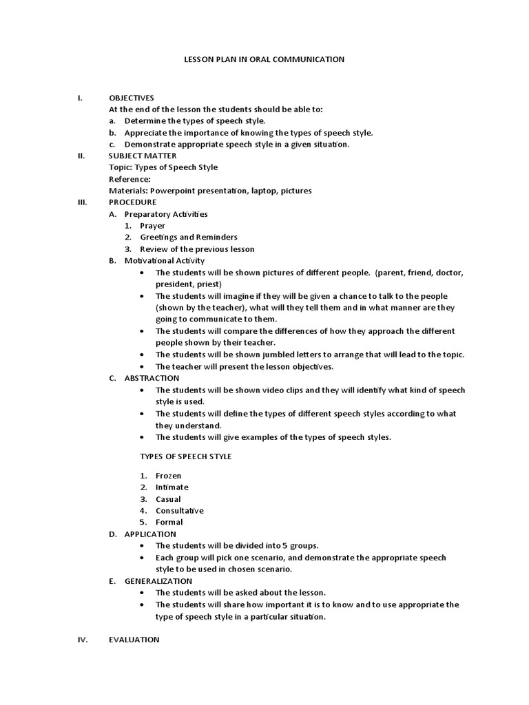 Types of Speech Styles Lesson Plan | PDF | Teachers | Lesson Plan