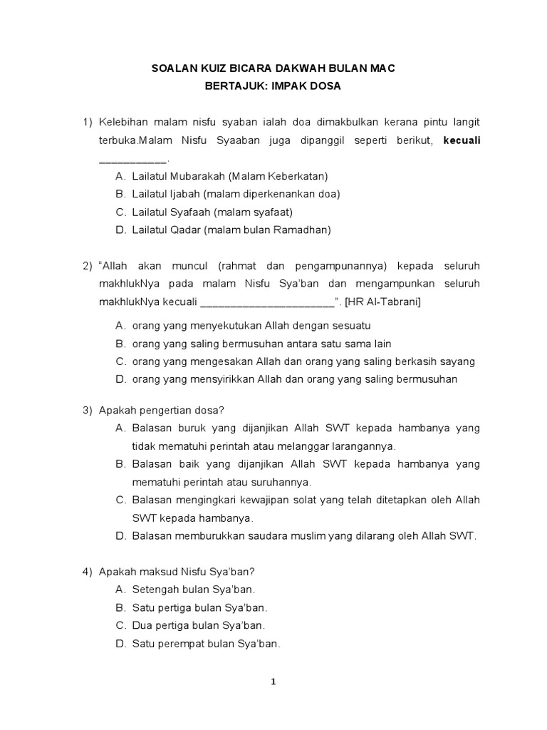 Soalan Kuiz Bicara Dakwah Bulan Mac | PDF