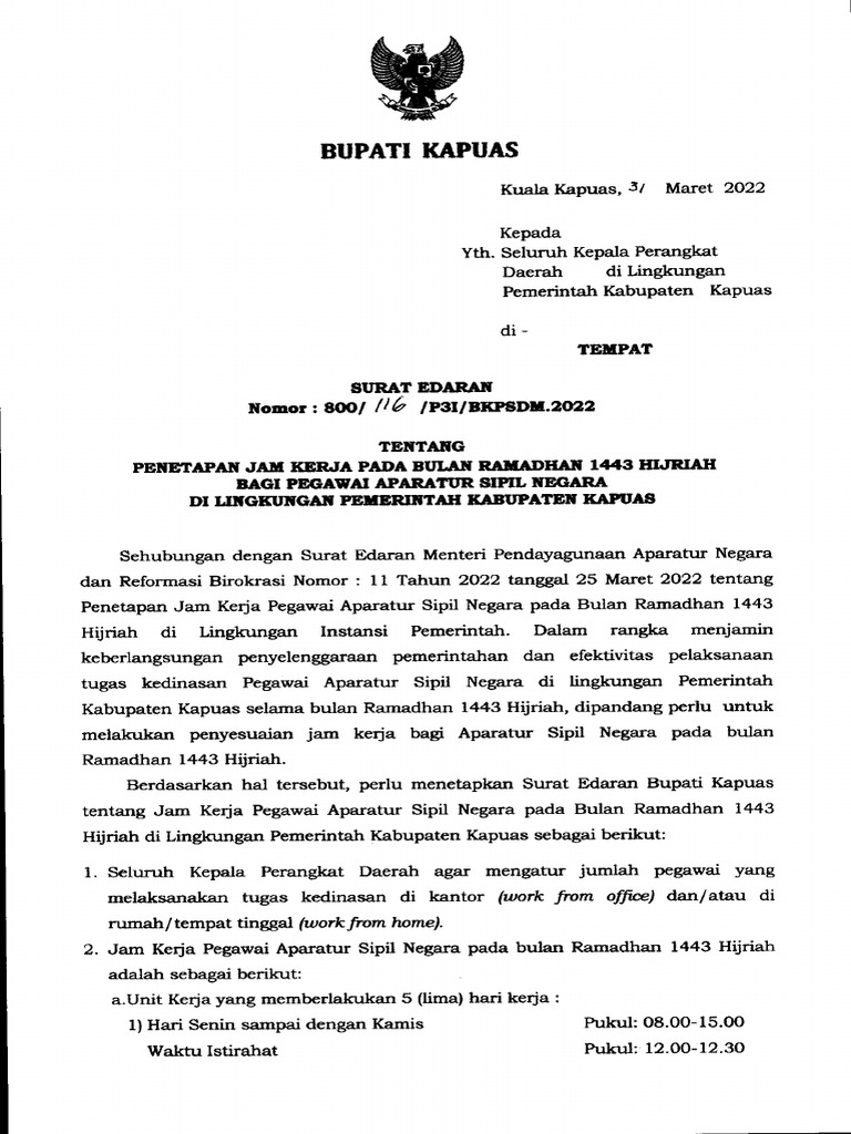 Surat Edaran Jam Kerja Selama Ramadhan 1443 H / 2022 M | PDF
