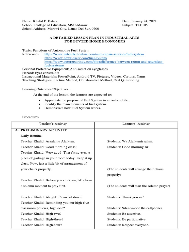 Functions of Automotive Fuel System - Khalid Batara (A Lesson Plan For College Level) | PDF ...