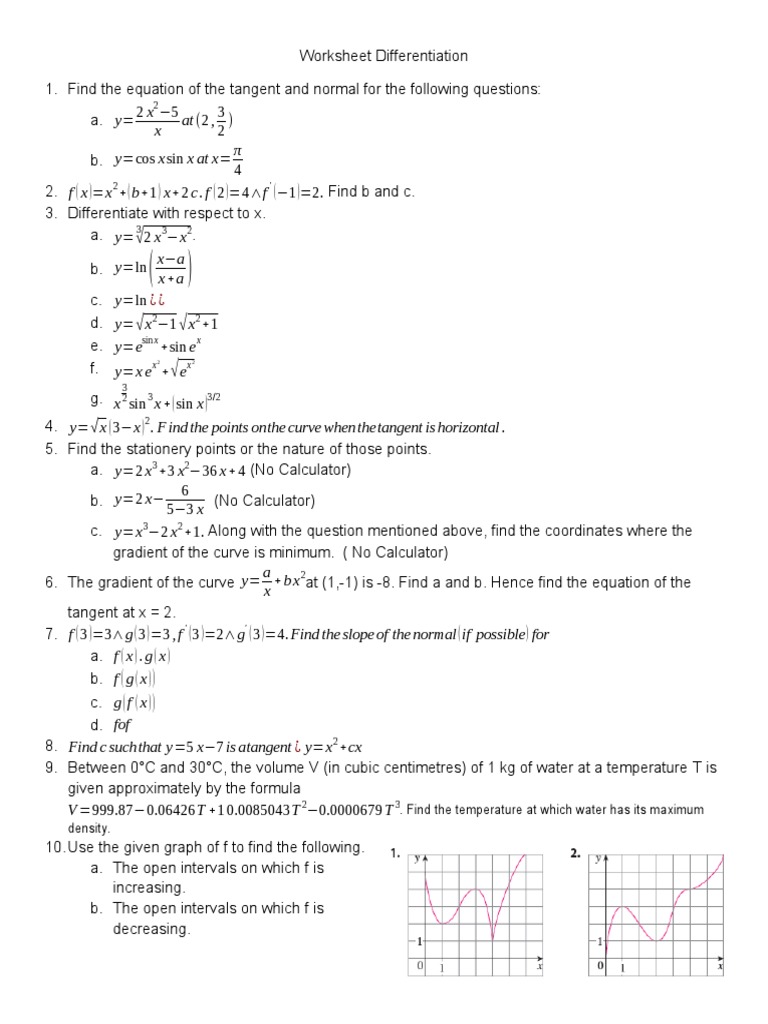 Differentiation - Worksheet | PDF | Tangent | Theoretical Physics