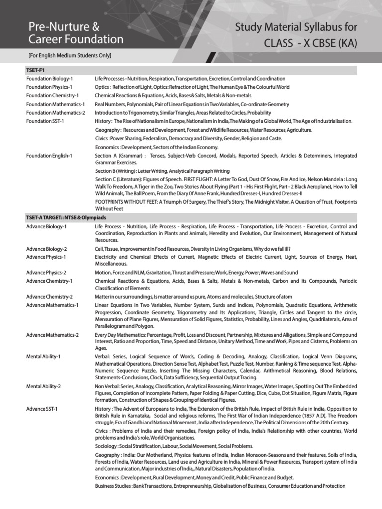 Pre-Nurture & Career Foundation: Study Material Syllabus For Class - X ...
