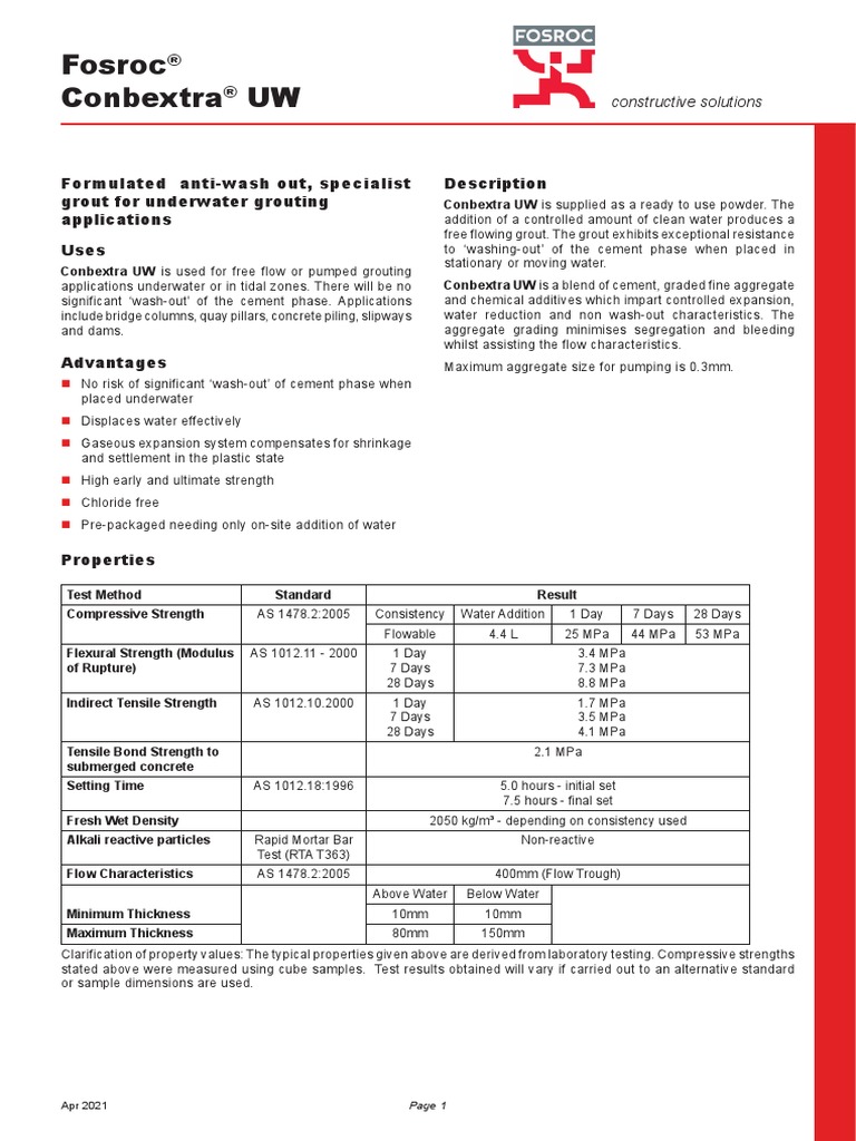 Fosroc Conbextra UW: Formulated Anti-Wash Out, Specialist Grout For ...